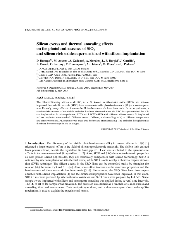 (PDF) Silicon excess and thermal annealing effects on the photoluminescence of SiO2 and silicon ...