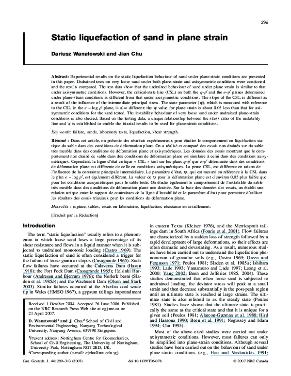 (PDF) Static liquefaction of sand in plane strain