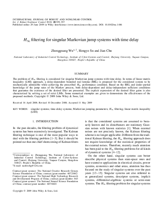 Pdf H ∞ Filtering For Singular Markovian Jump Systems With Time Delay