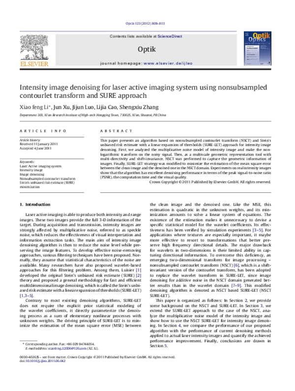 Pdf Intensity Image Denoising For Laser Active Imaging System Using Nonsubsampled Contourlet