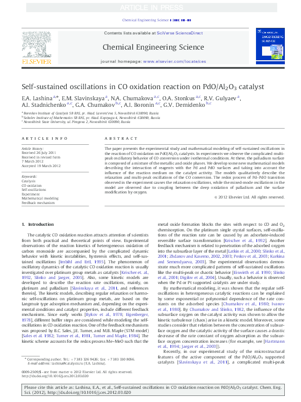 (PDF) Self-sustained oscillations in CO oxidation reaction on PdO/Al2O3 ...