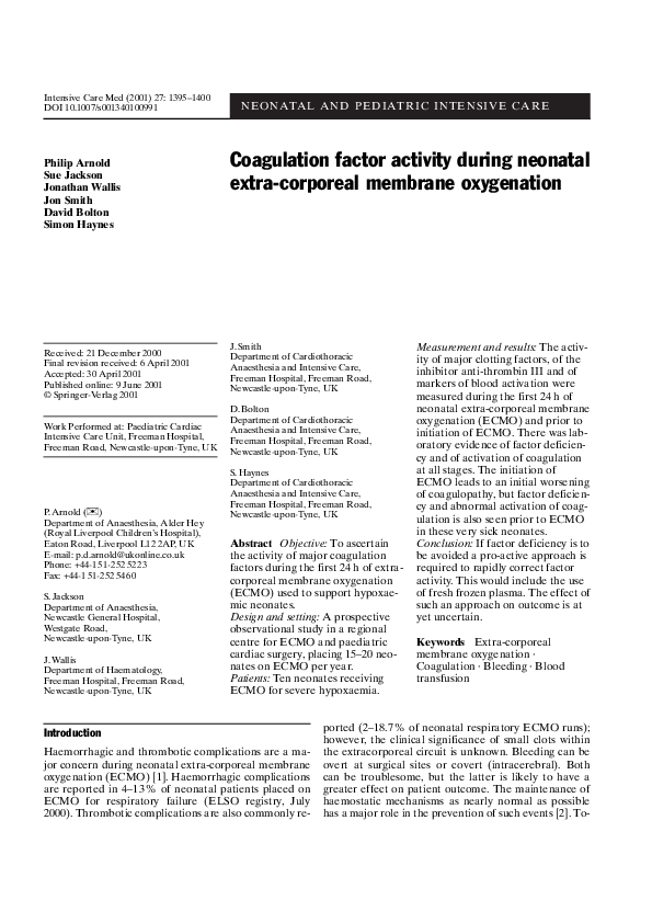 (PDF) Coagulation factor activity during neonatal extra-corporeal ...