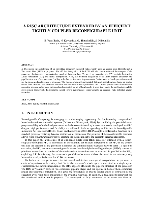 Pdf A Risc Architecture Extended By An Efficient Tightly Coupled Reconfigurable Unit