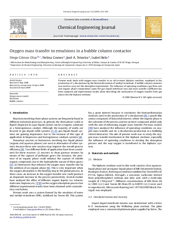 (PDF) Oxygen mass transfer to emulsions in a bubble column contactor