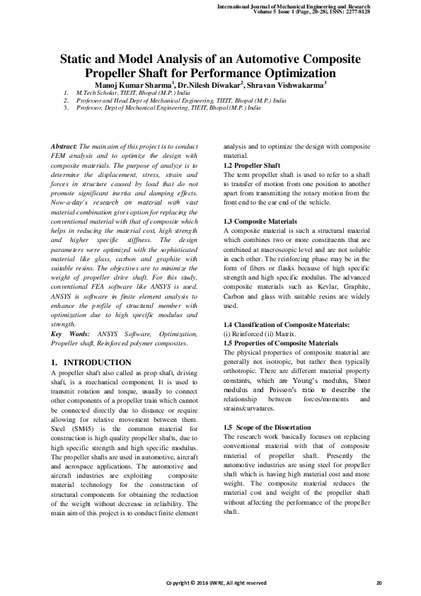 Pdf Static And Model Analysis Of An Automotive Composite Propeller Shaft For Performance