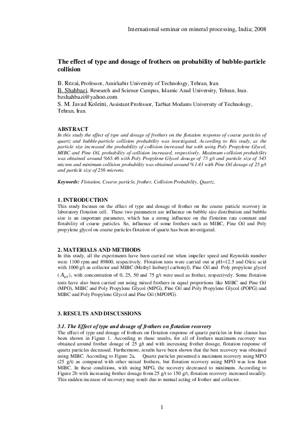 (PDF) The effect of type and dosage of frothers on probability of bubble-particle collision ...