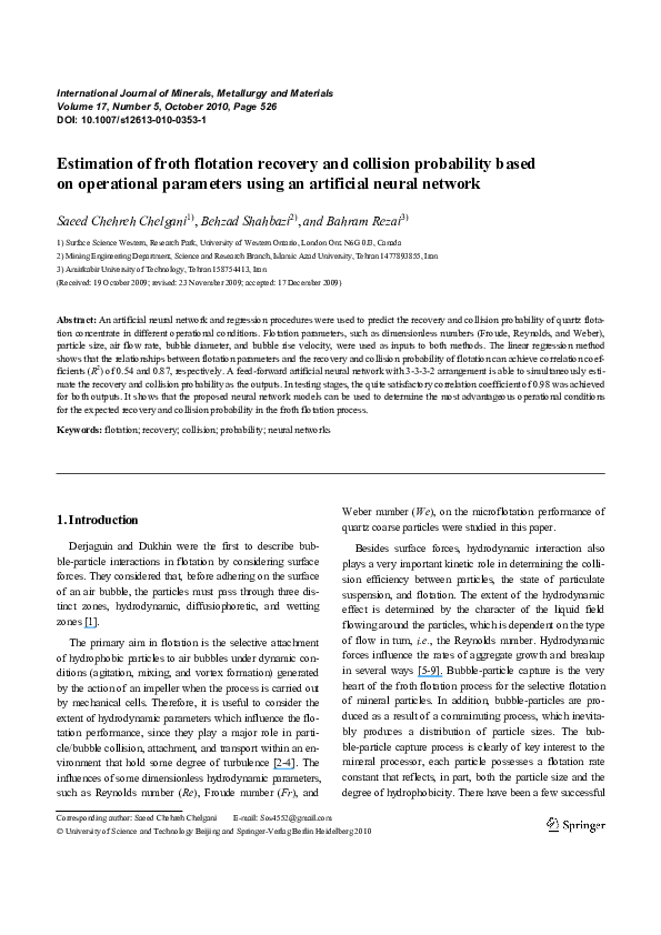 (PDF) Estimation of froth flotation recovery and collision probability based on operational ...