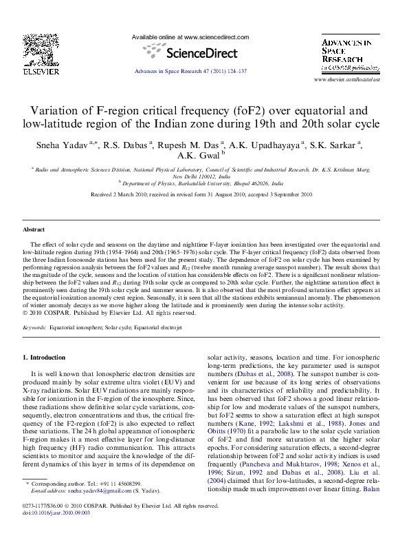 (PDF) Variation of F-region critical frequency (foF2) over equatorial ...
