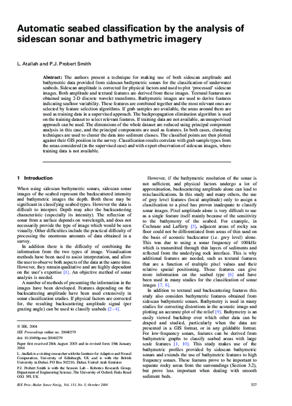 Pdf Automatic Seabed Classification By The Analysis Of Sidescan Sonar And Bathymetric Imagery