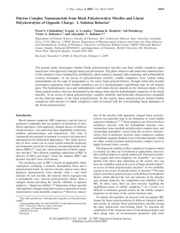 (PDF) Polyion Complex Nanomaterials from Block Polyelectrolyte Micelles and Linear ...