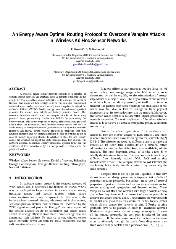 Doc An Energy Aware Optimal Routing Protocol To Overcome Vampire Attacks In Wireless Ad Hoc