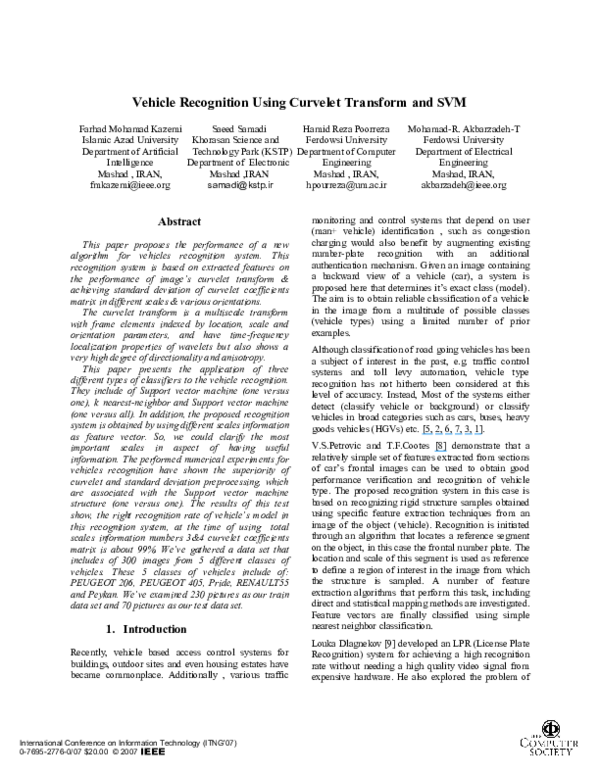 Pdf Vehicle Recognition Using Curvelet Transform And Svm