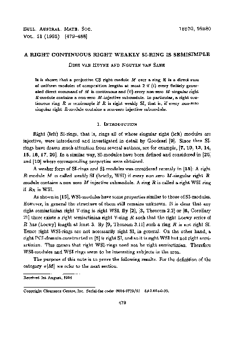 (PDF) A right continuous right weakly si-ring is semisimple