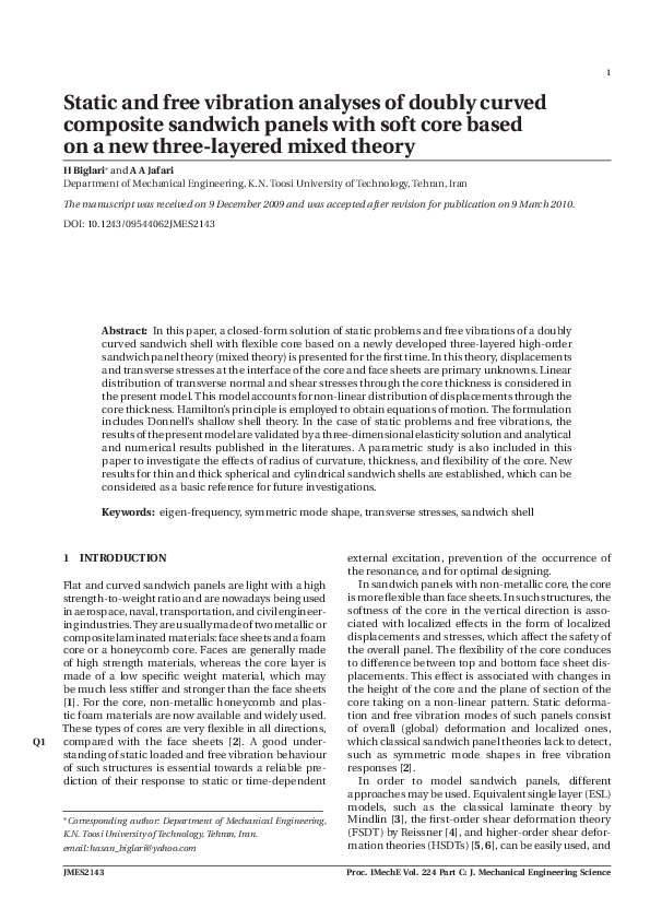 Pdf Static And Free Vibration Analyses Of Doubly Curved Composite
