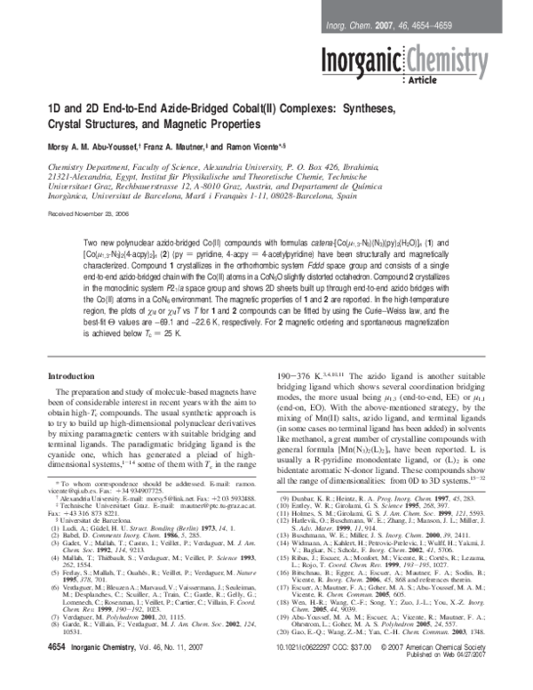 (PDF) 1D and 2D End-to-End Azide-Bridged Cobalt(II) Complexes: Syntheses, Crystal Structures ...