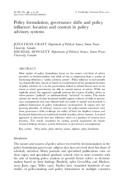 (PDF) Craft, Jonathan, and Michael Howlett. “Policy Formulation ...