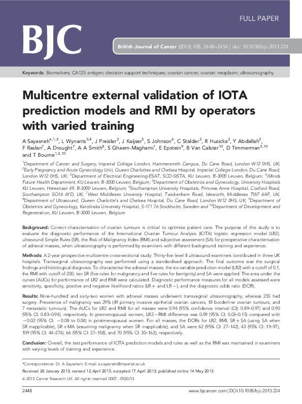 (PDF) Multicentre external validation of IOTA prediction models and RMI by operators with varied ...