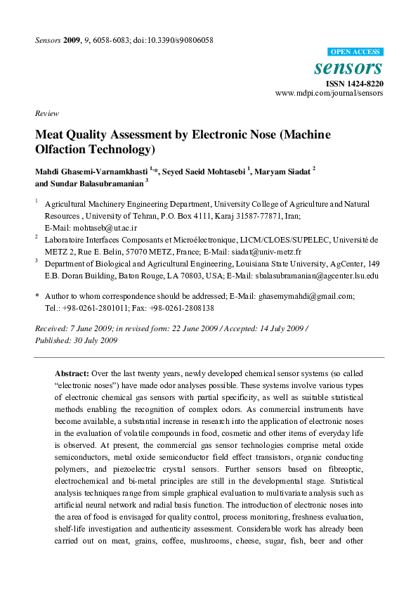 (PDF) Meat Quality Assessment by Electronic Nose (Machine Olfaction ...