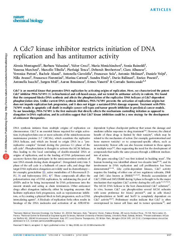 (PDF) A Cdc7 kinase inhibitor restricts initiation of DNA replication ...