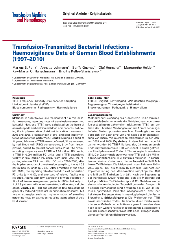 (PDF) Transfusion-transmitted bacterial infectionin the United States ...