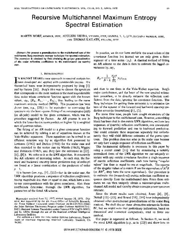 (PDF) Recursive Multichannel Maximum Entropy Spectral Estimation