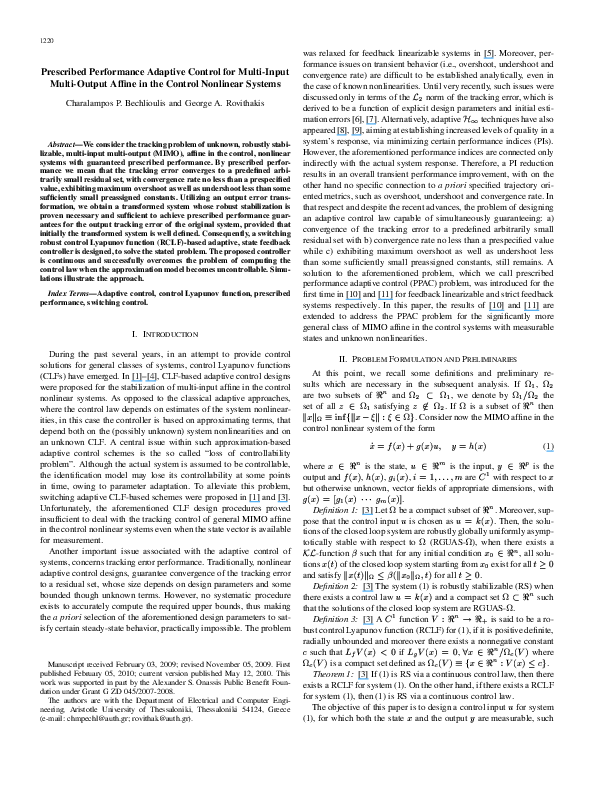 Pdf Prescribed Performance Adaptive Control For Multi Input Multi Output Affine In The Control 8459