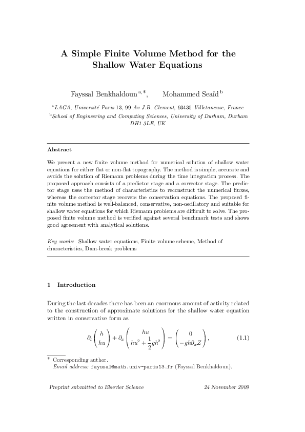 (PDF) A simple finite volume method for the shallow water equations