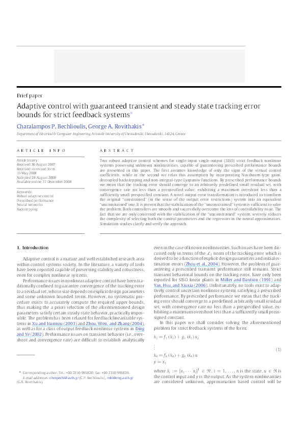Pdf Adaptive Control With Guaranteed Transient And Steady State Tracking Error Bounds For