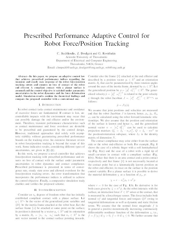 (PDF) Prescribed performance adaptive control for robot force/position ...