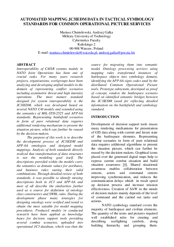 (PDF) Automated Mapping JC3IEDM Data in Tactical Symbology Standards ...