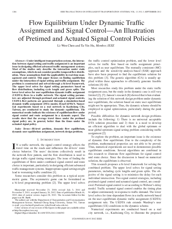 Pdf Flow Equilibrium Under Dynamic Traffic Assignment And Signal Control—an Illustration Of