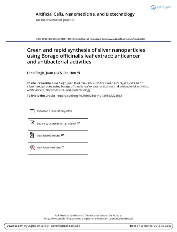 (PDF) Artificial Cells, Nanomedicine, and Biotechnology An International Journal Green and rapid ...