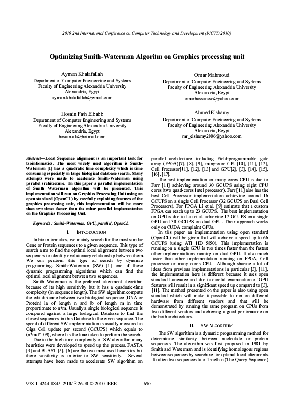 (PDF) Optimizing Smith-Waterman algorithm on Graphics Processing Unit