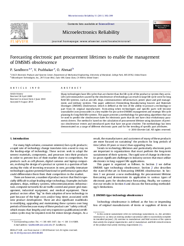 (PDF) Forecasting electronic part procurement lifetimes to enable the management of DMSMS ...