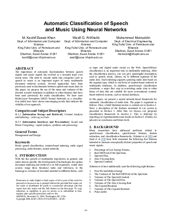 (PDF) Automatic classification of speech and music using neural networks