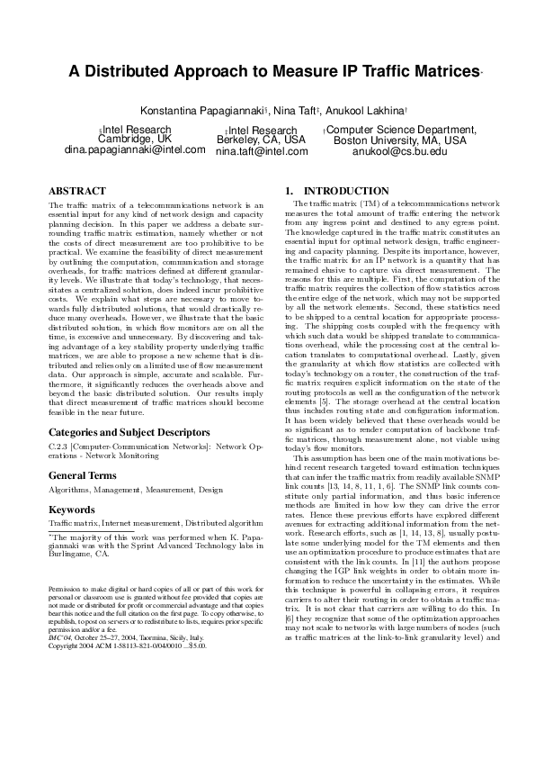 Pdf A Distributed Approach To Measure Ip Traffic Matrices