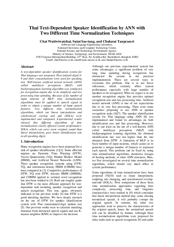 (PDF) Thai Text-Dependent Speaker Identification by ANN with Two Different Time Normalization ...