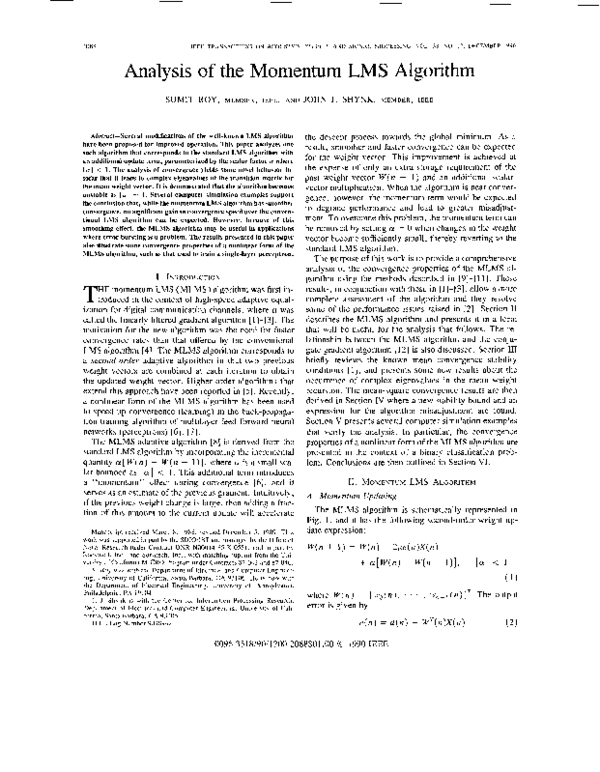 (PDF) Analysis of the momentum LMS algorithm