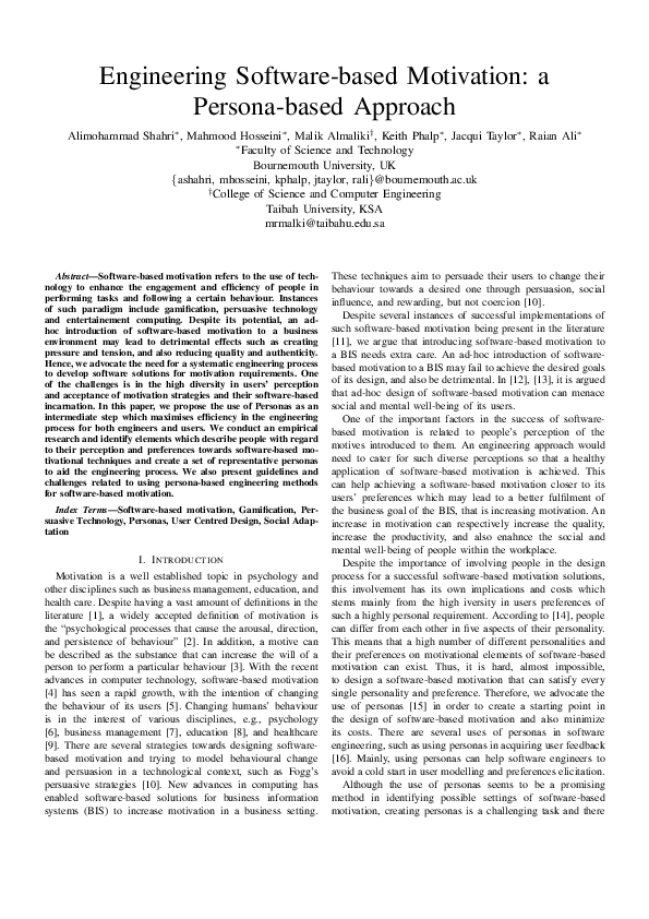 (PDF) Engineering Software-based Motivation: a Persona-based Approach