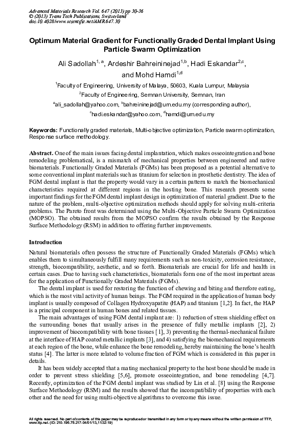 (PDF) Optimum Material Gradient for Functionally Graded Dental Implant Using Particle Swarm ...
