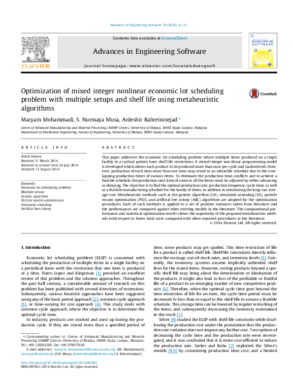 Pdf Optimization Of Mixed Integer Nonlinear Economic Lot Scheduling Problem With Multiple