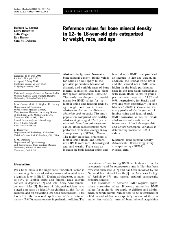 (PDF) Reference values for bone mineral density in 12- to 18-year-old ...