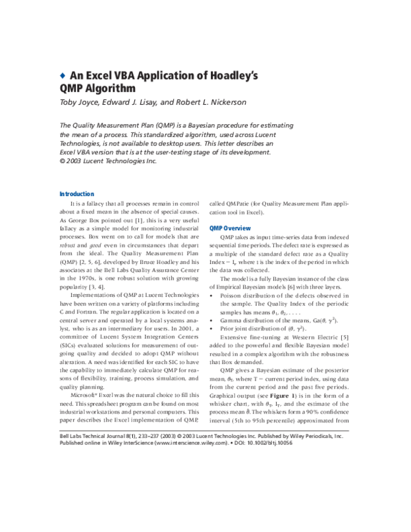 (PDF) An excel VBA application of Hoadley's QMP algorithm