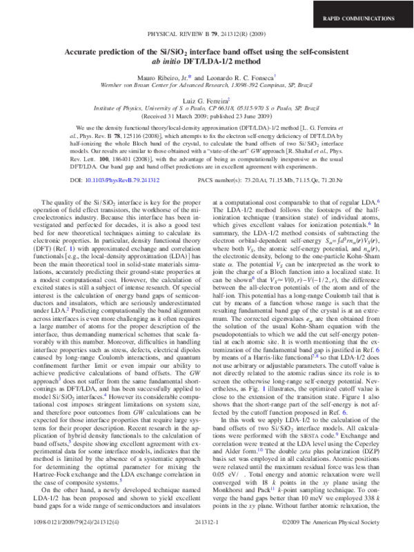 Pdf Accurate Prediction Of The Si Sio2 Interface Band Offset Using