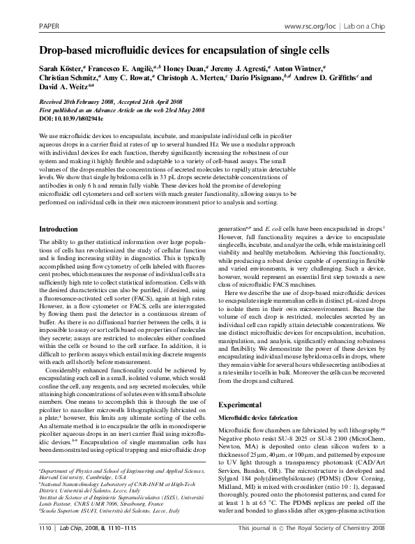 (PDF) Drop-based microfluidic devices for encapsulation of single cells