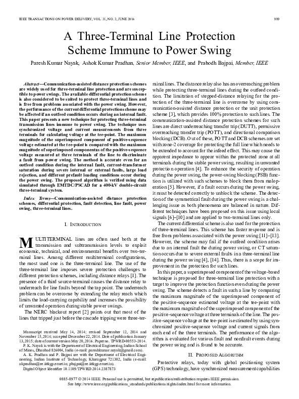(PDF) A Three-Terminal Line Protection Scheme Immune to Power Swing