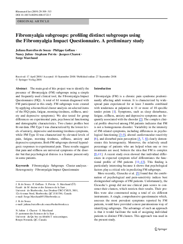 (PDF) Fibromyalgia subgroups: profiling distinct subgroups using the ...