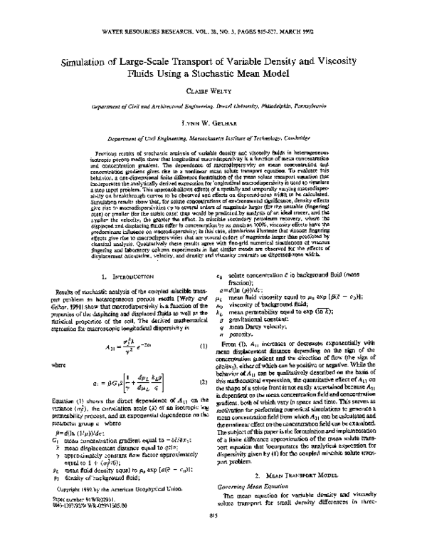 Pdf Simulation Of Large Scale Transport Of Variable Density And
