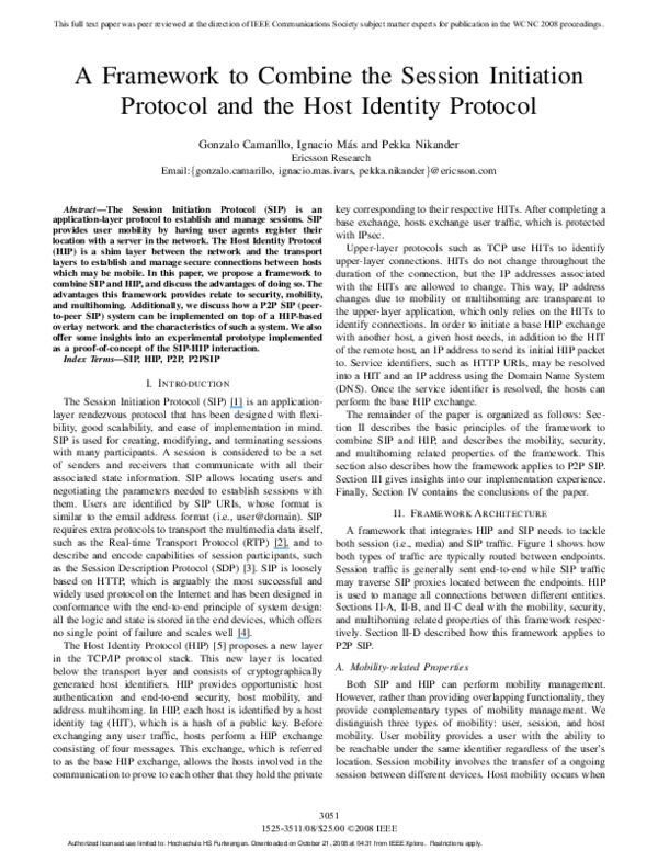 Pdf A Framework To Combine The Session Initiation Protocol And The Host Identity Protocol