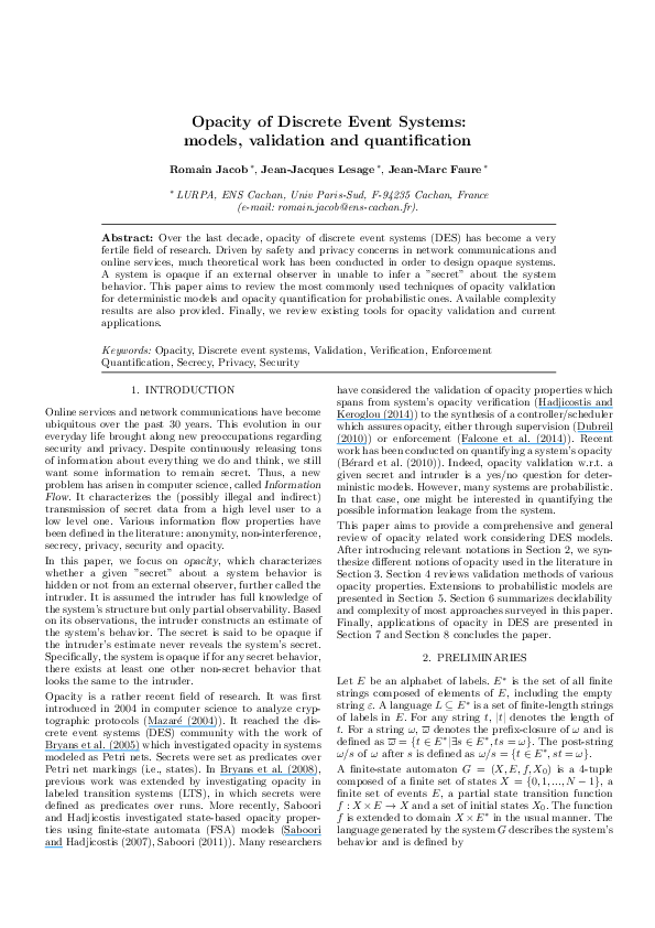 (PDF) Opacity Techniques in Discrete Event Systems